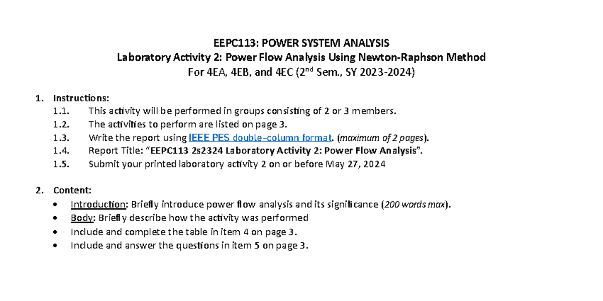 EEPC113 Laboratory Activity 2 - EEPC113: POWER SYSTEM ANALYSIS ...