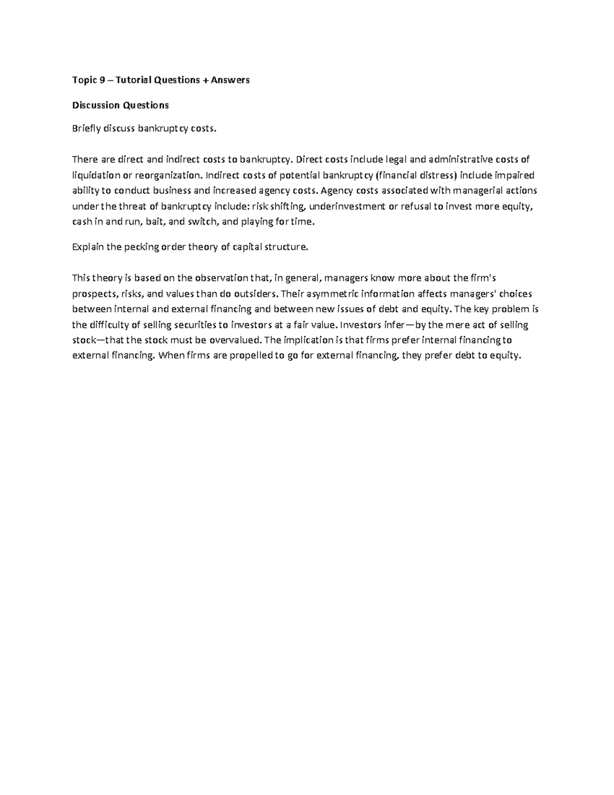 Topic 9 tutorial solutions - Topic 9 – Tutorial Questions + Answers Discussion Questions Briefly ...