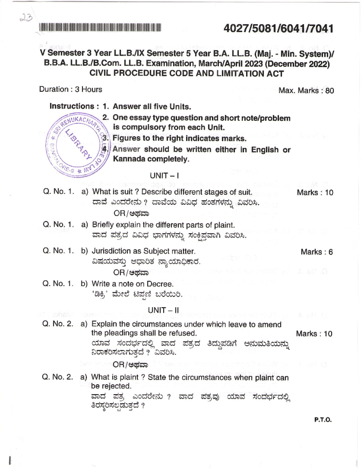 CPC- Mar 80marks 2023 - examination paper - Civil Procedure Code & Limitation Act - Studocu
