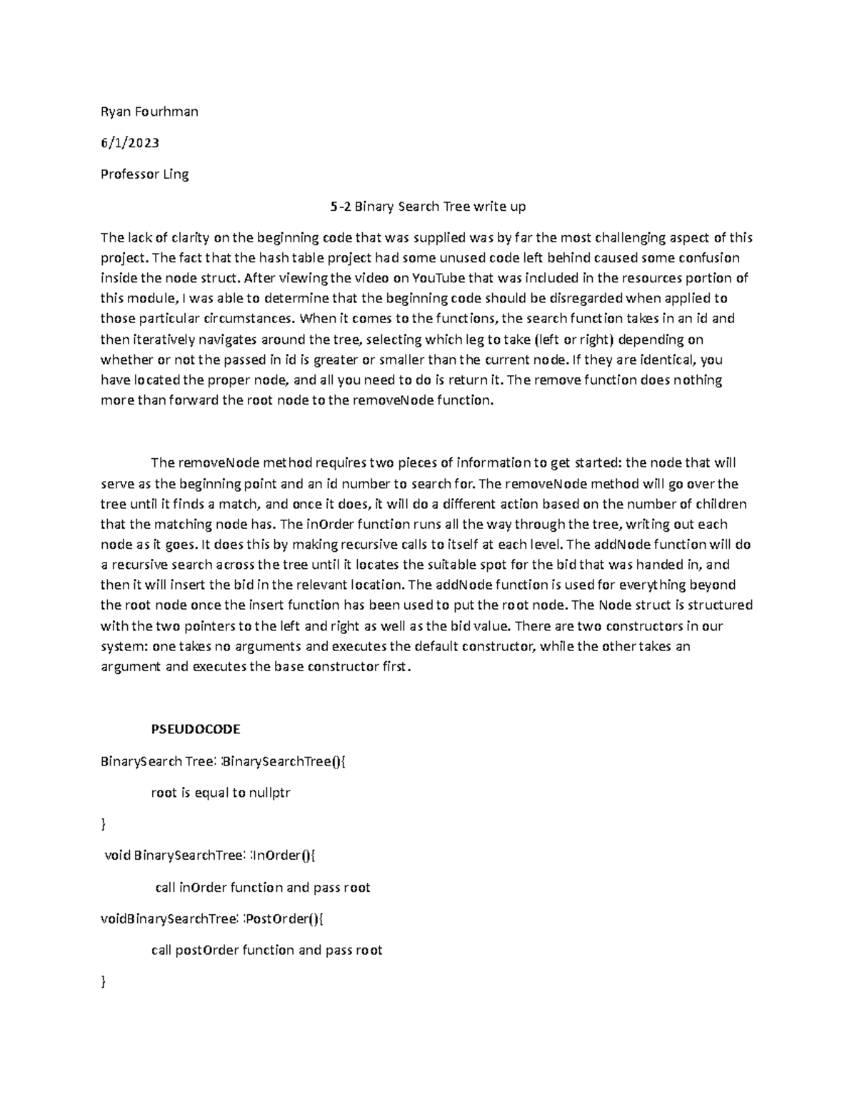 5-2 Binary Search Tree write up - Ryan Fourhman 6/1/ Professor Ling 5-2 ...