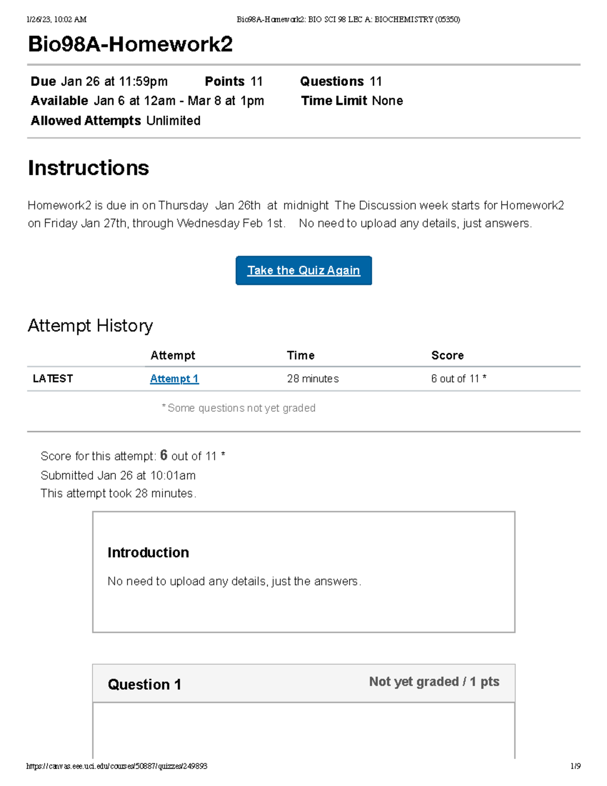 Bio98A-Homework 2 BIO SCI 98 LEC A Biochemistry (05350) - * Some ...