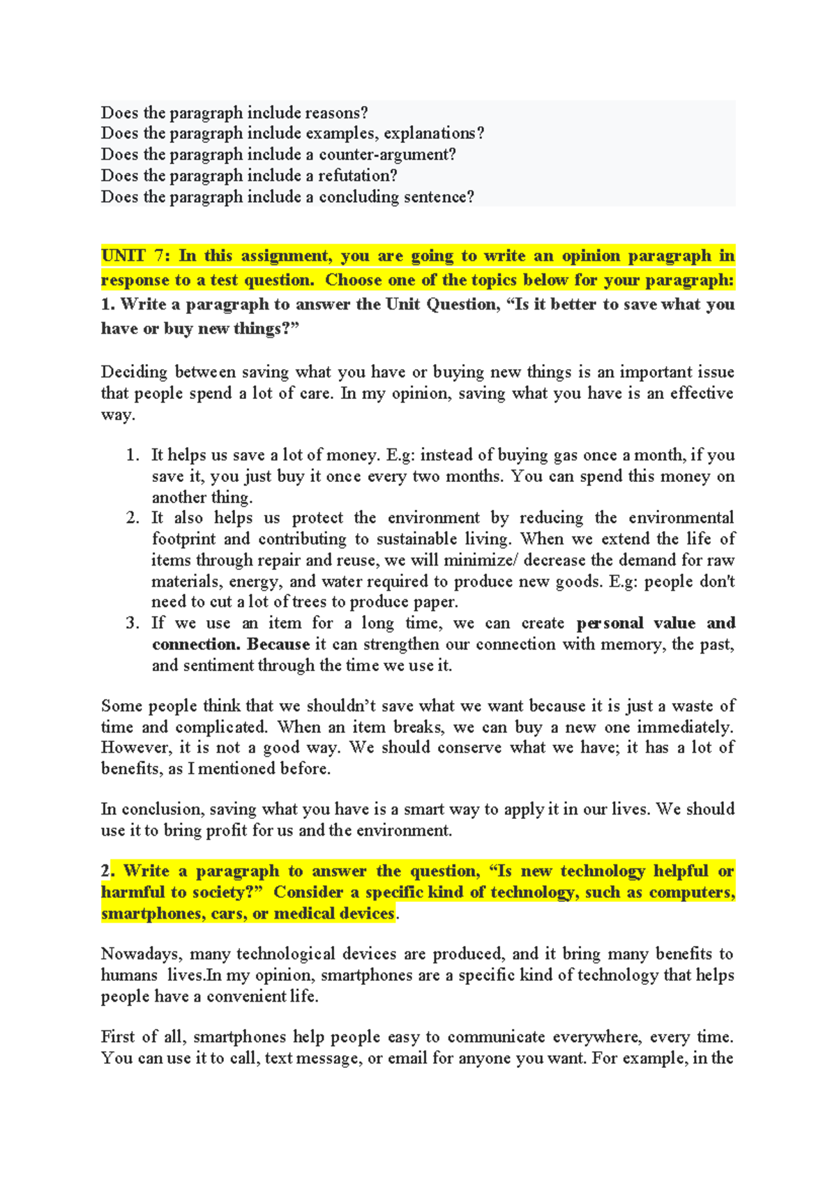 Does the paragraph include reasons - Choose one of the topics below for ...