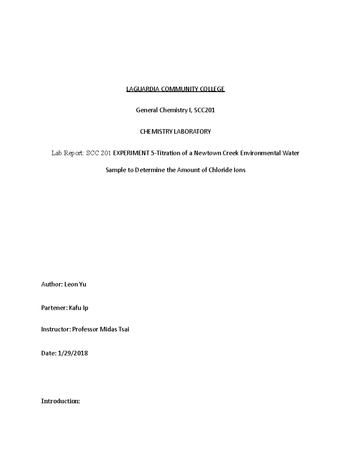 Lab report 5(SCC201) - LAGUARDIA COMMUNITY COLLEGE General Chemistry I ...
