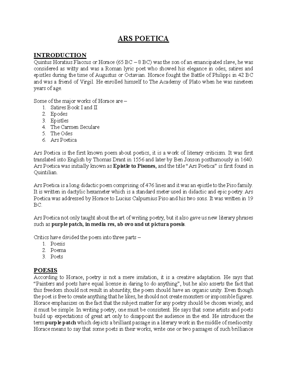 Horace - Ars Poetica - ARS POETICA INTRODUCTION Quintus Horatius ...