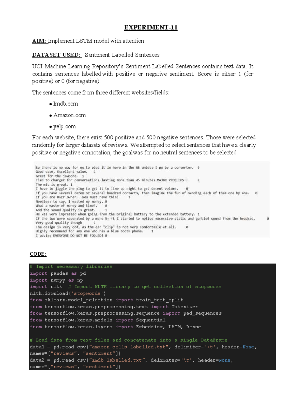 Expe 11 Experiment Aim Implement Lstm Model With Attention Dataset Used Sentiment Labelled