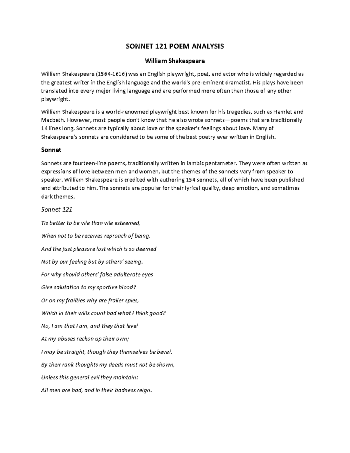 Sonnet 121 POEM Analysis - SONNET 121 POEM ANALYSIS William Shakespeare William Shakespeare ...