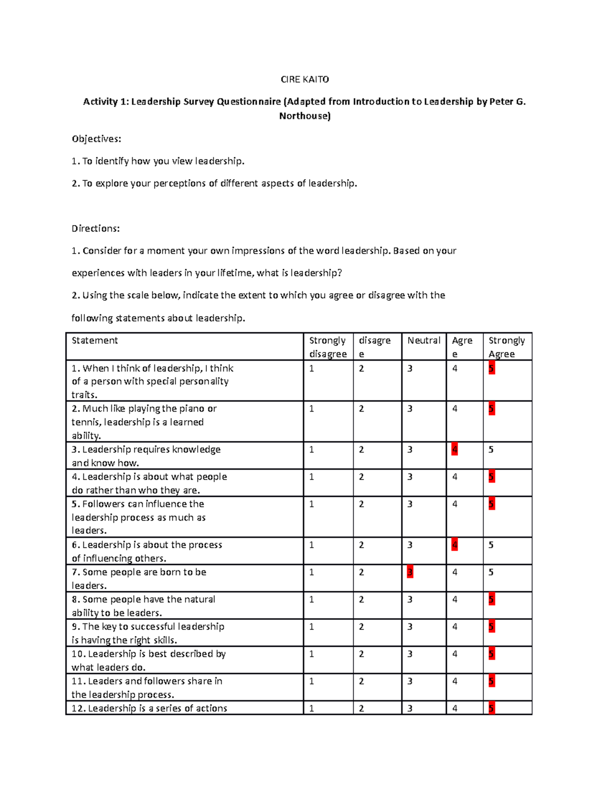 Leadership Survey - Northouse) Objectives: To identify how you view ...