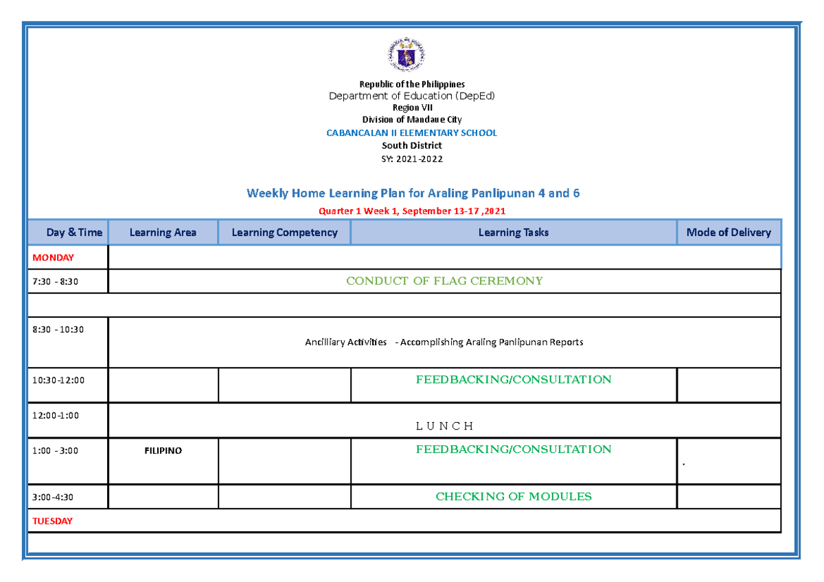 IHLP - A sample of Individual Home Learning Plan for the learners who ...