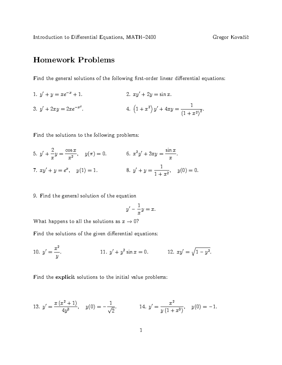 Suggested homework - Introduction to Differential Equations, MATH–2400 ...