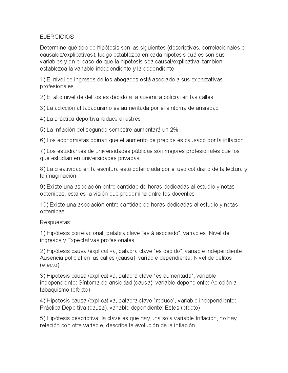 Ejercicios Variables E Hipotesis - EJERCICIOS Determine qué tipo de ...