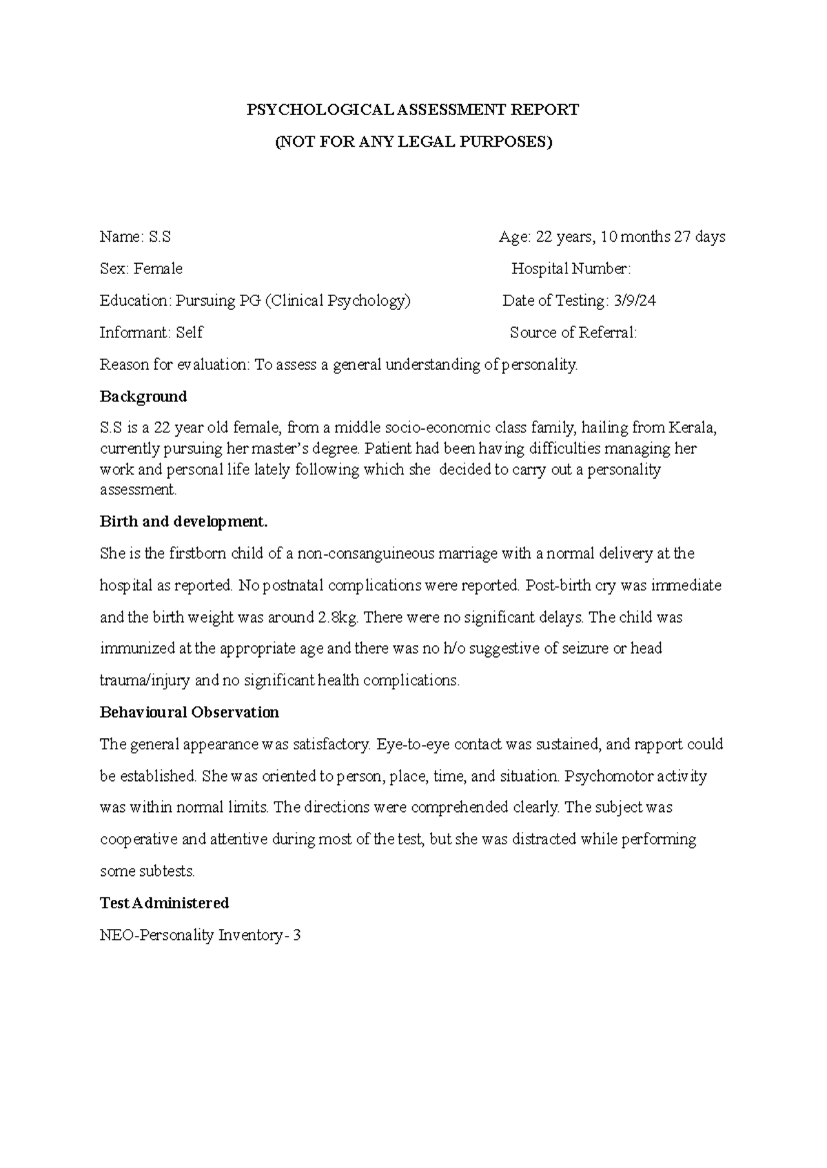 NEO-PI Report - PSYCHOLOGICAL ASSESSMENT REPORT (NOT FOR ANY LEGAL ...