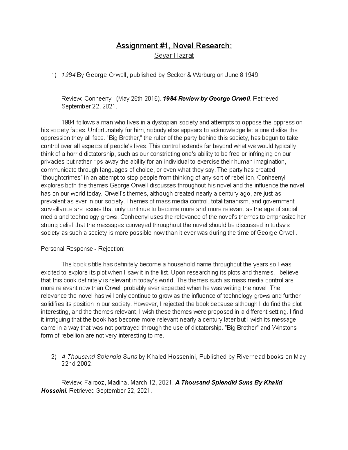 Assignment #1 Novel Research - Seyar - Assignment #1, Novel Research ...