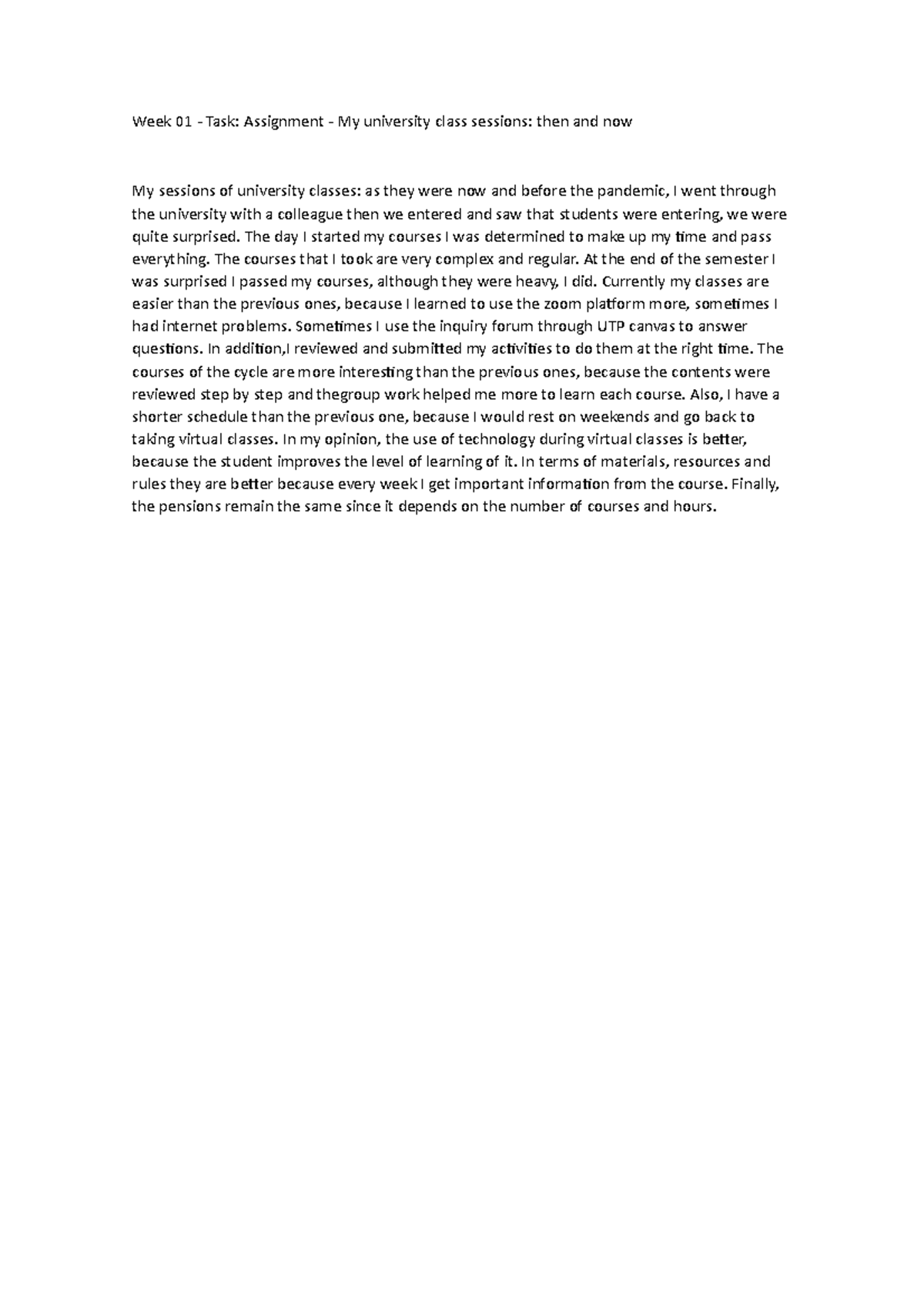 Week 01 My University Class Sessions Then And Now Week 01 Task Assignment My University