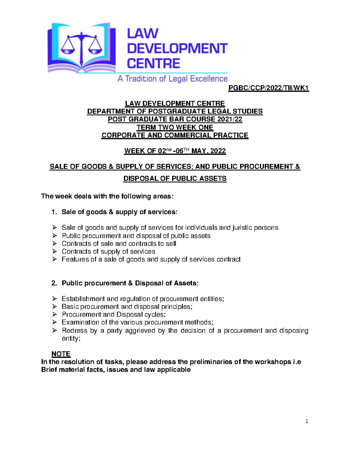 CCP TERM II WEEK 1 Final. 2022 - PGBC/CCP/2022/TII/WK LAW DEVELOPMENT CENTRE DEPARTMENT OF - Studocu