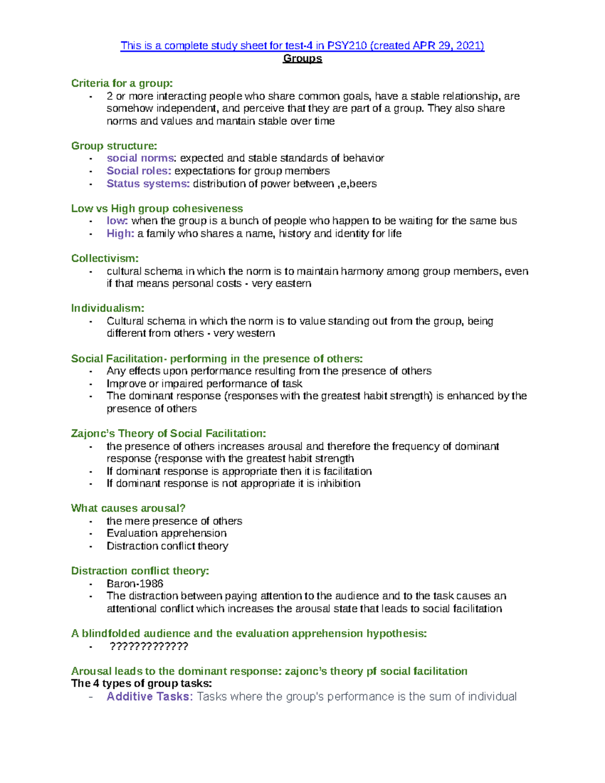 T-4 Study sheet - This is a complete study sheet for test-4 in PSY210 ...