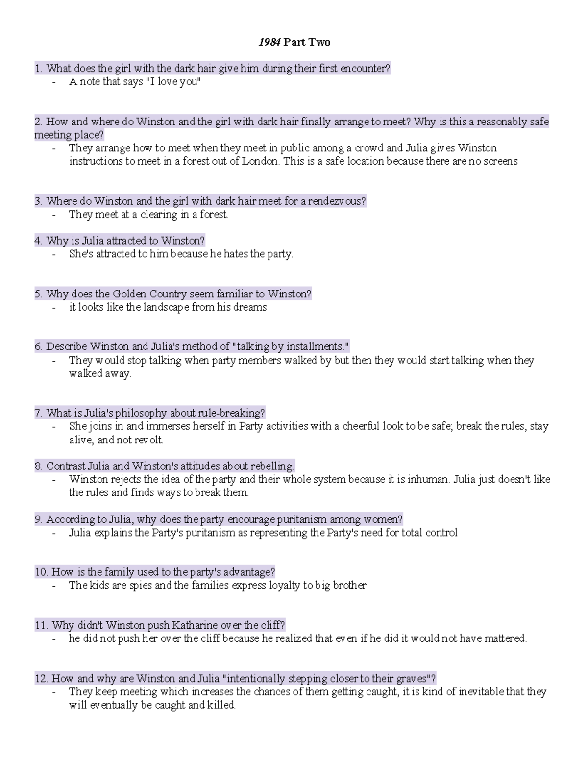 1984 Part 2 Questions - 1984 Part Two What does the girl with the dark ...