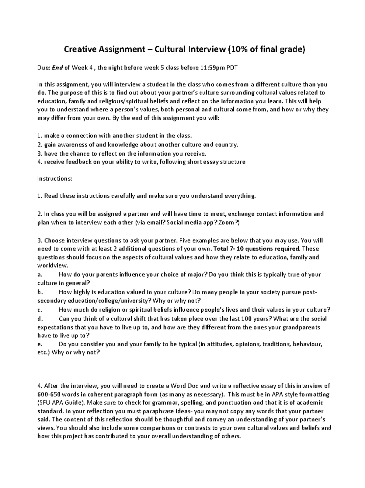 Uni 101 - Cultural Interview Assignment - Creative Assignment ...