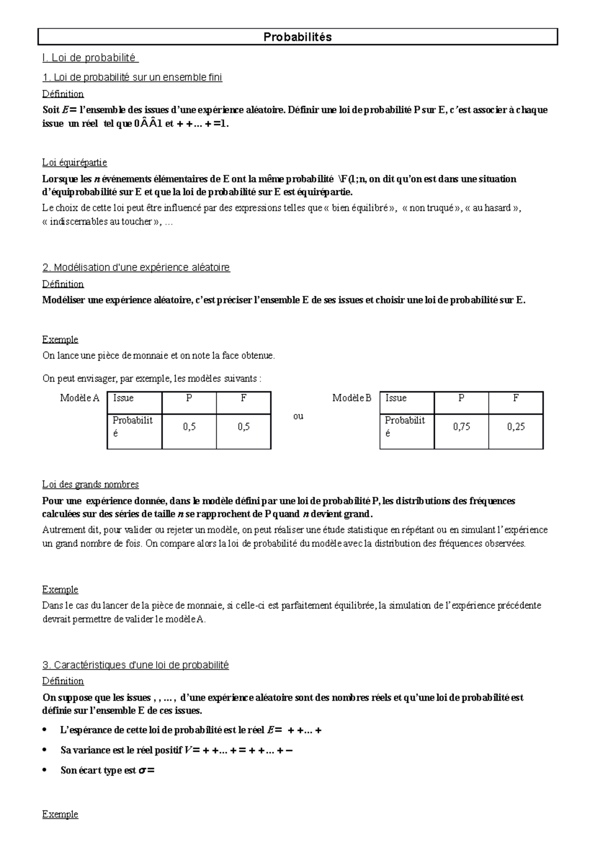 Lois de probabilites - math Lycee - I. Loi de probabilité Loi de ...