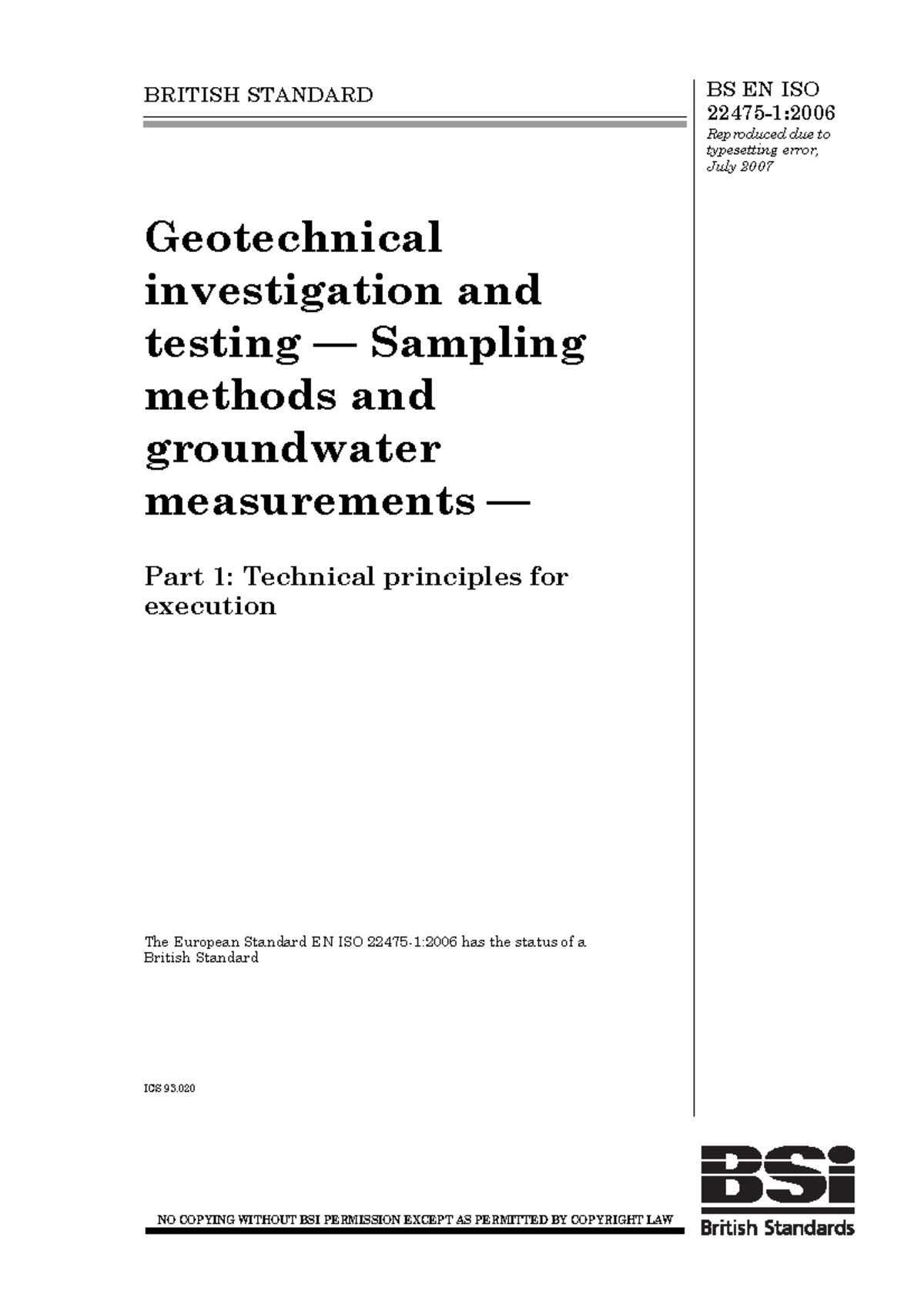 BS EN ISO 22475-12006 - Geotechnical investigation and testing Sampling ...