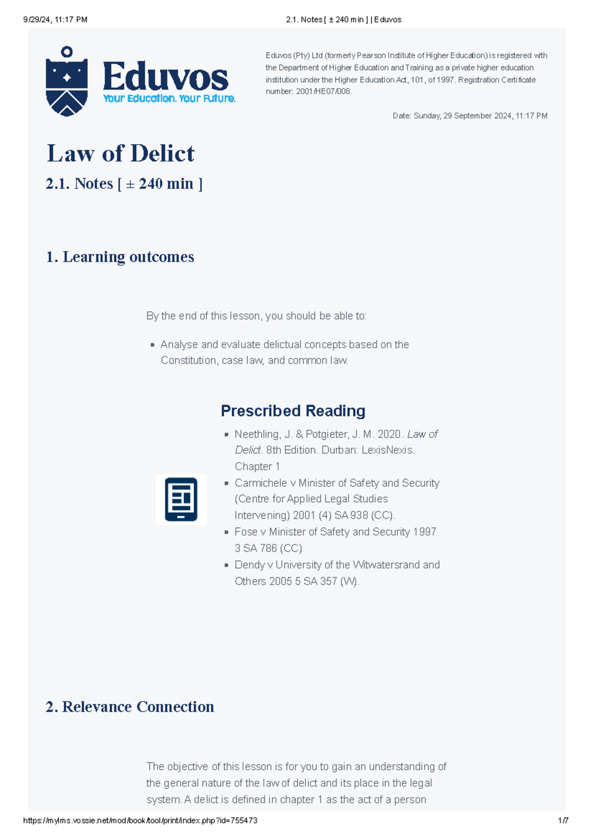2.1. Notes intro to law of delict - Eduvos (Pty) Ltd (formerly Pearson ...