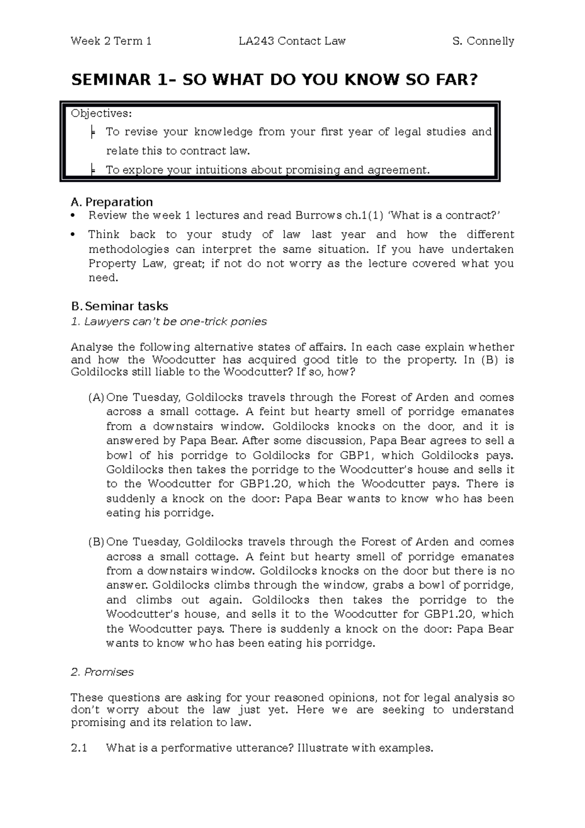 V1 Contract Seminar 1 - Week 2 Term 1 LA243 Contact Law S. Connelly ...