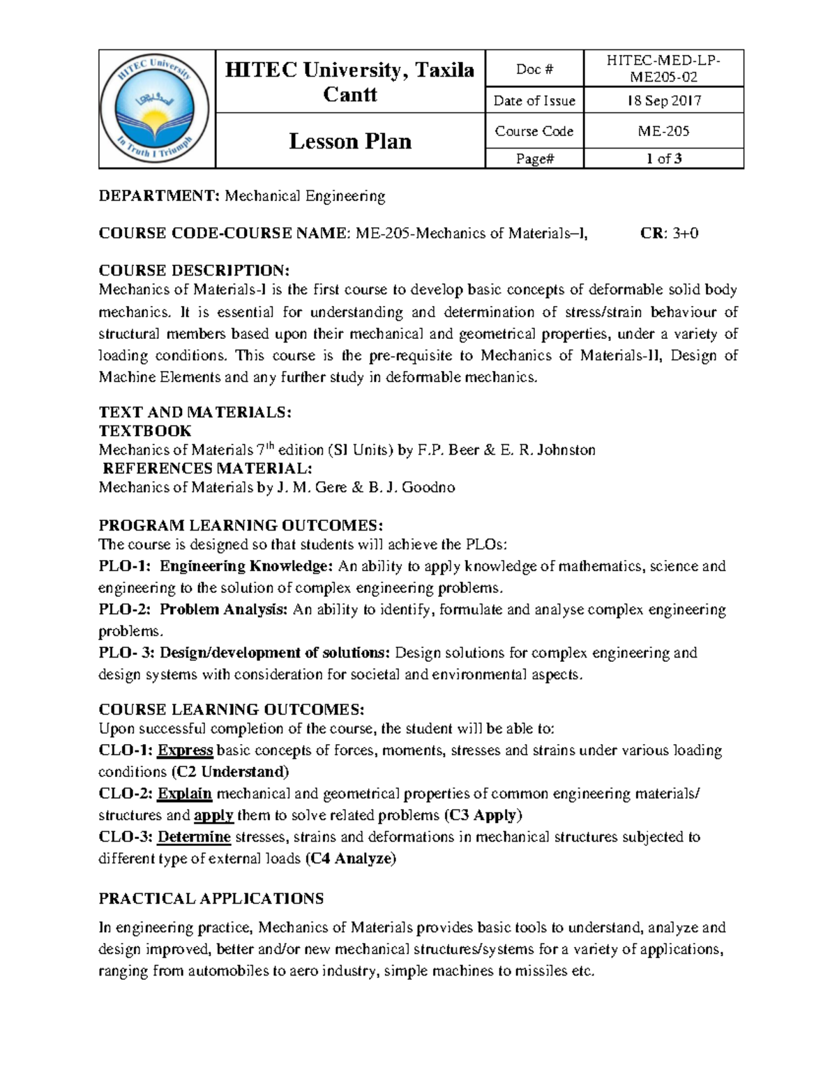 MOM-I Lesson plan - Statics and Mechanics of Materials - Studocu