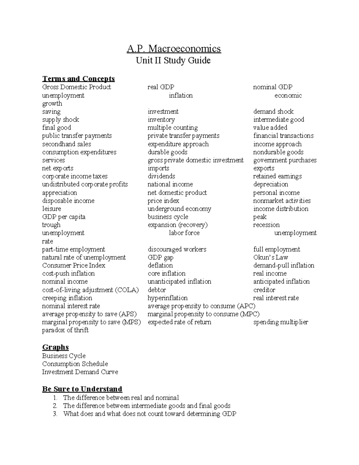 Study Guide(AP Macro) - Unit II 2 - A. Macroeconomics Unit II Study ...