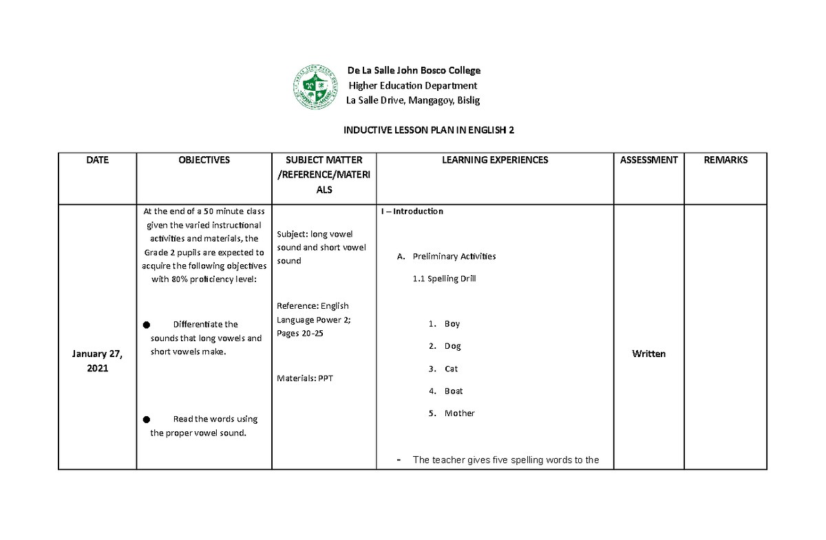 Inductive-lp - a detailed lesson plan about long vowel - De La Salle ...