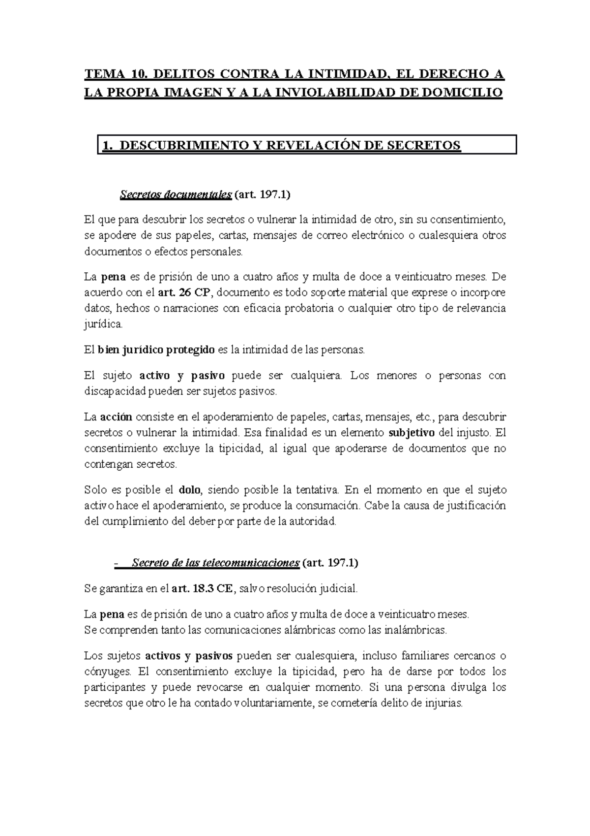 TEMA 10 Delitos Contra LA Intimidad Y Otros - TEMA 10. DELITOS CONTRA LA INTIMIDAD, EL DERECHO A ...