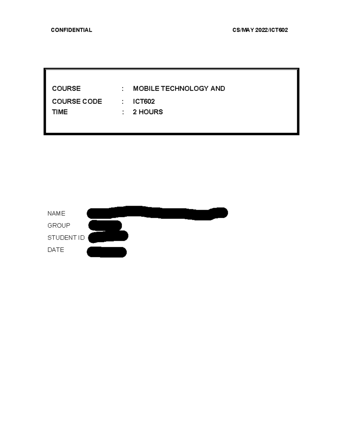 Testict 602 Test Lab Coding Course Mobile Technology And Course Code Ict Time 2 Hours 