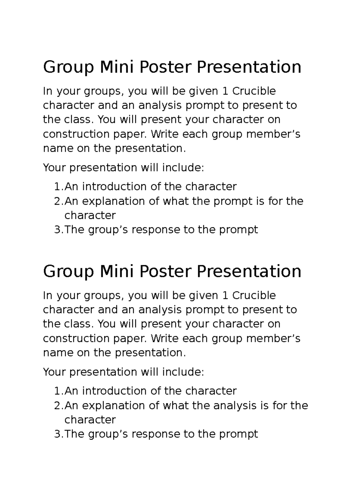Crucible Group Assignment - Group Mini Poster Presentation In your ...