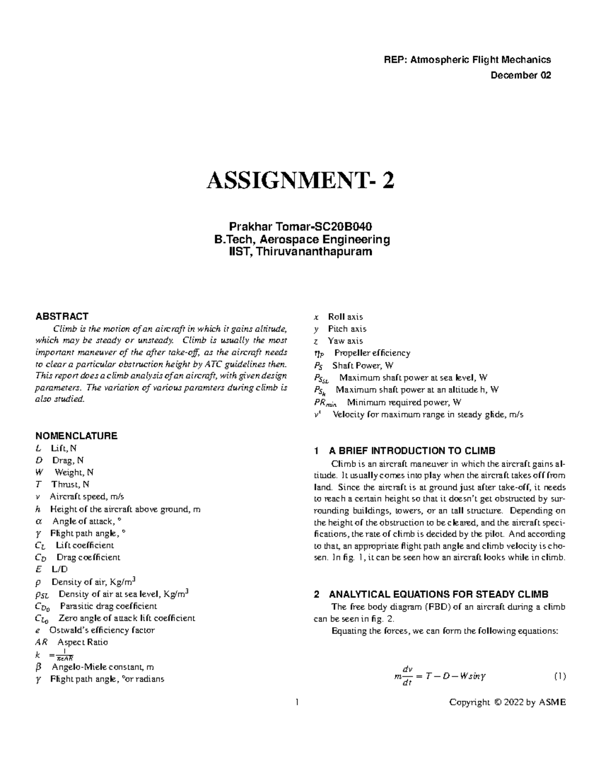 AFM assignment 2 - REP: Atmospheric Flight Mechanics December 02 ...