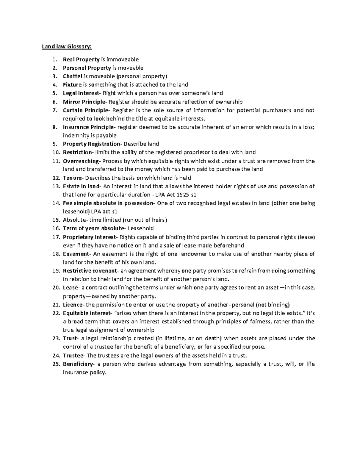 LL Glossary - Lecture notes 1-2 - Land law Glossary: Real Property is ...