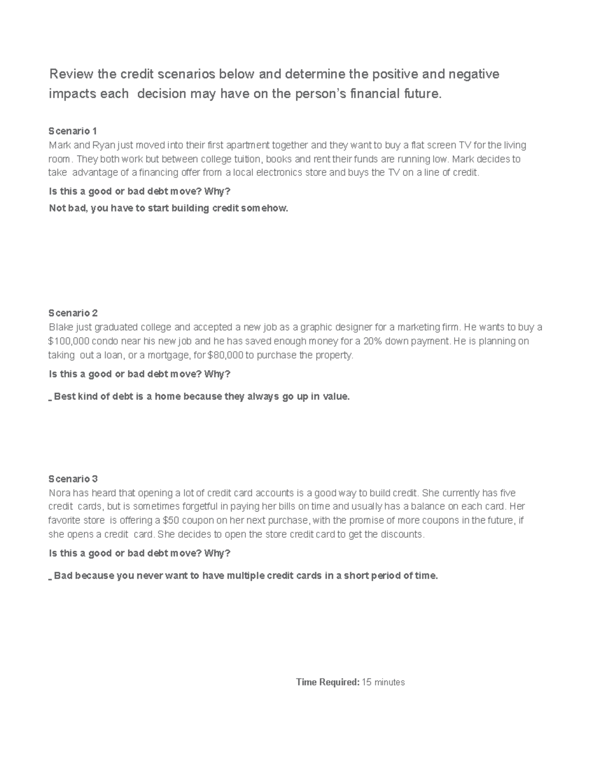 debt decisions work sheet - Review the credit scenarios below and ...