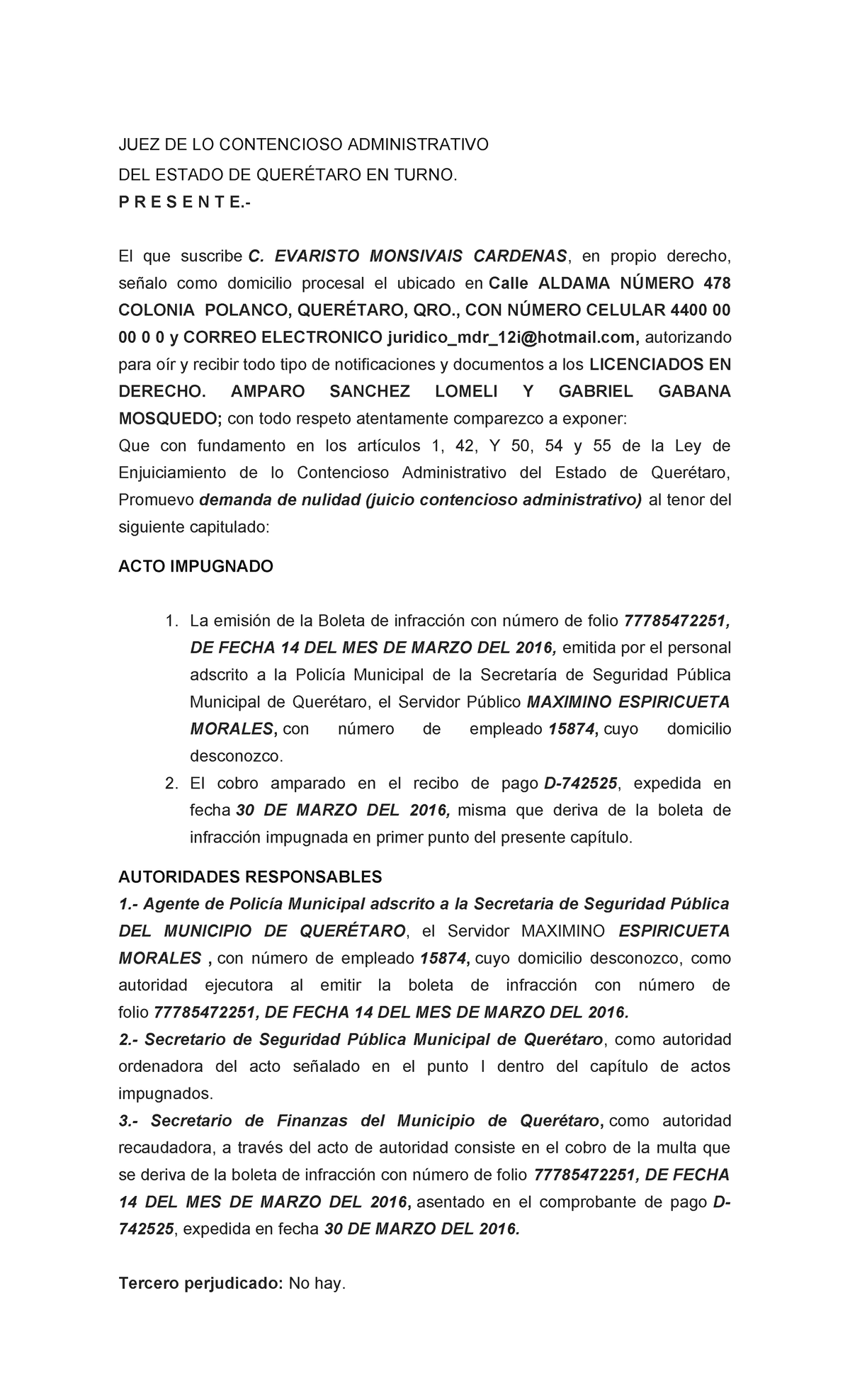 Nulidad de multas - fddddddhfg - JUEZ DE LO CONTENCIOSO ADMINISTRATIVO DEL ESTADO DE QUERÉTARO ...