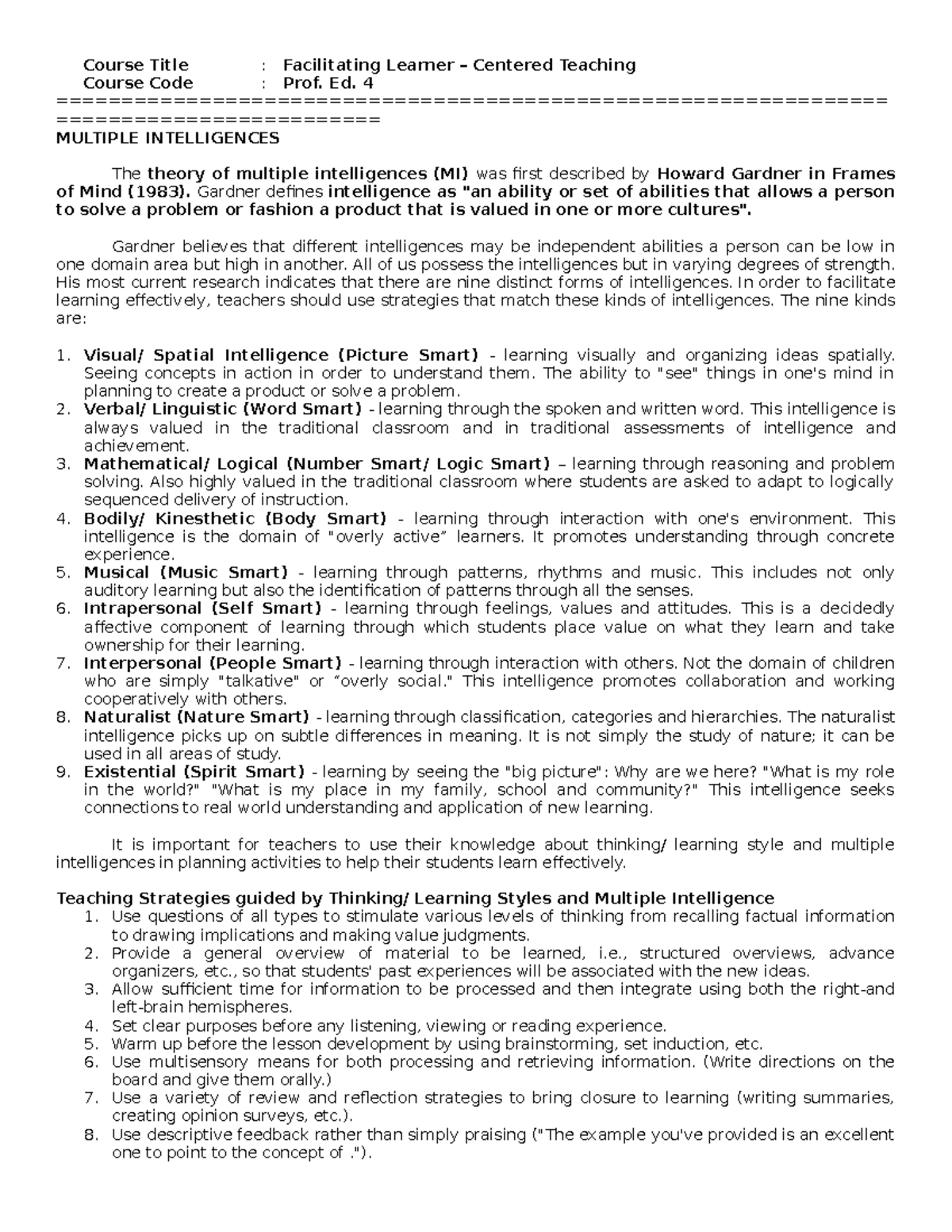 Teaching Strategies guided by Thinking - Learning Styles and Multiple ...