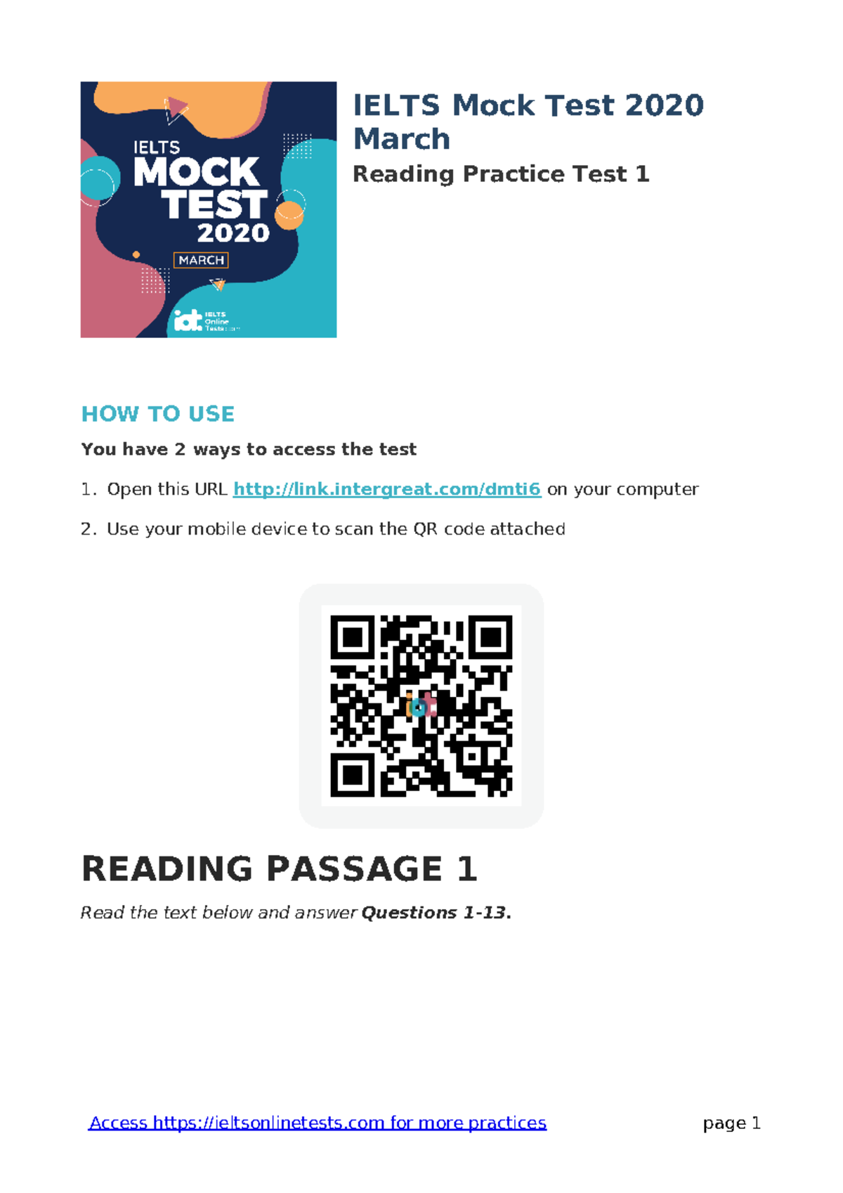 Ielts mock test 2020 march Reading practice test 1 v9 2549671 IELTS