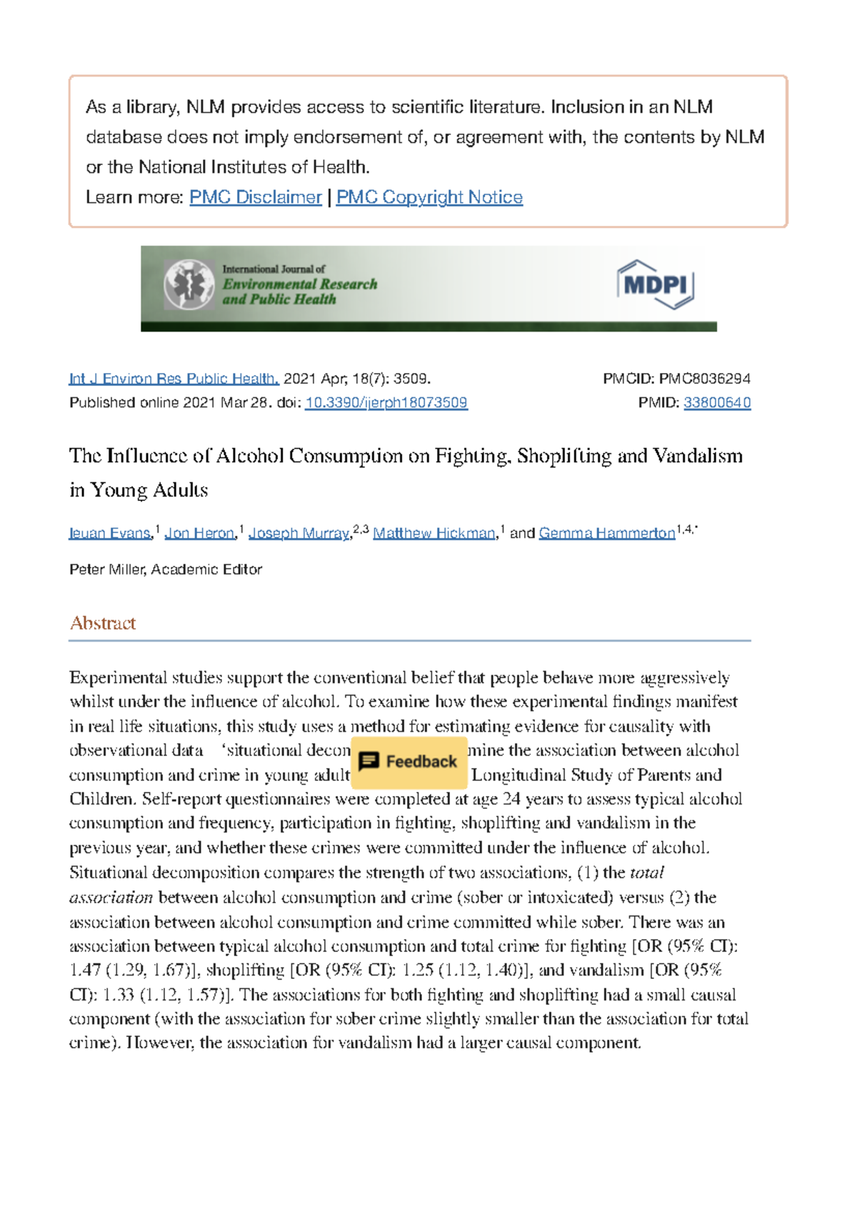 The Influence of Alcohol Consumption on Fighting, Shoplifting and ...