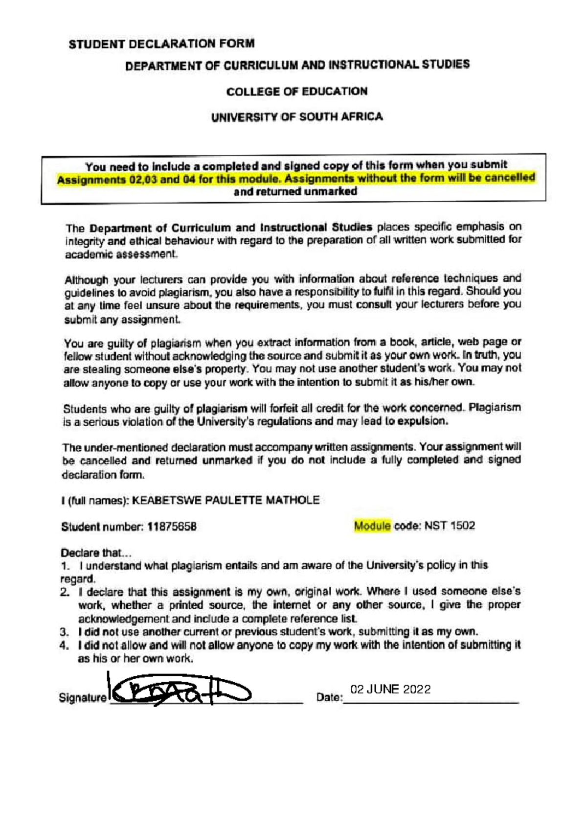 NST 1502 - natural science and technology - STUDENT DECLARATION FORM ...
