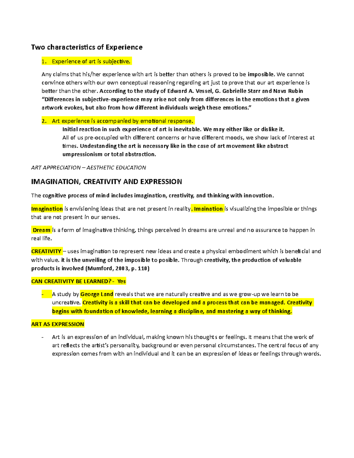 Imagination, creativity and expression - Art Appreciation - PangSU - Studocu