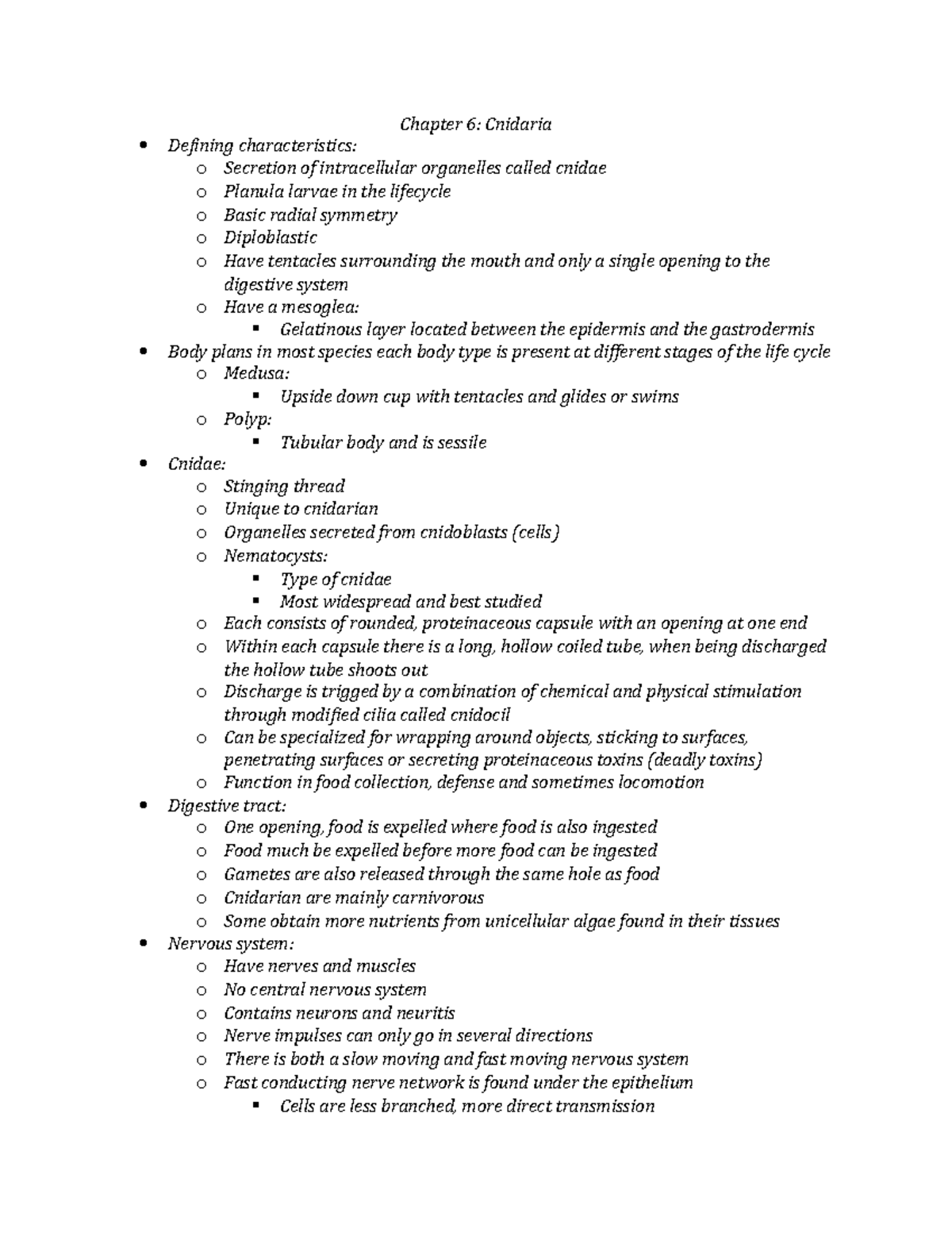 Chapter 6 - book notes - Chapter 6: Cnidaria Defining characteristics ...
