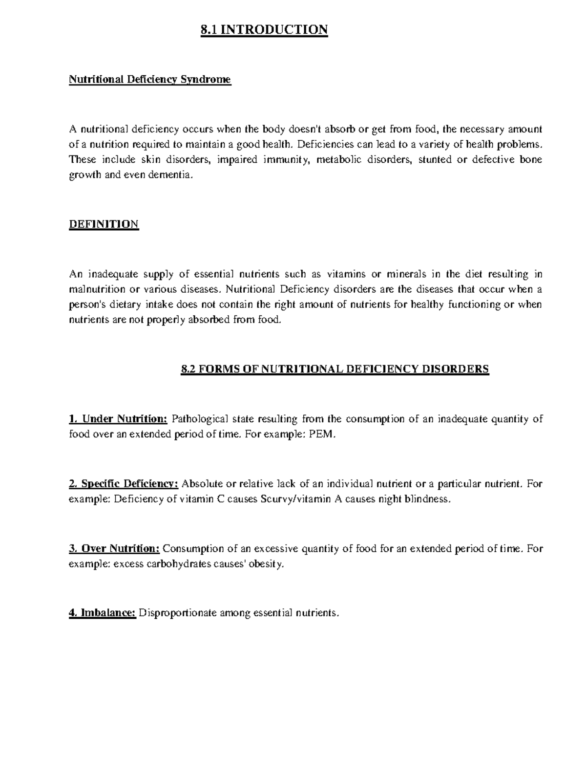 Nutritional Deficiencies Disorders - 8 INTRODUCTION Nutritional ...