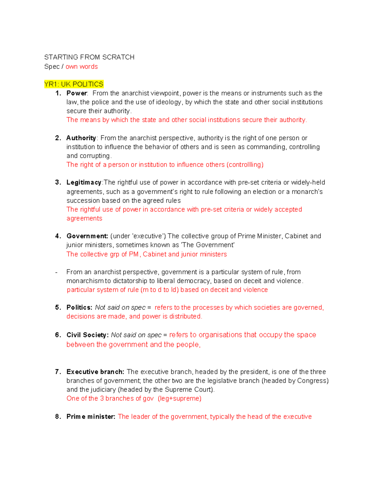 Politics - flashcard material - STARTING FROM SCRATCH Spec / own words ...