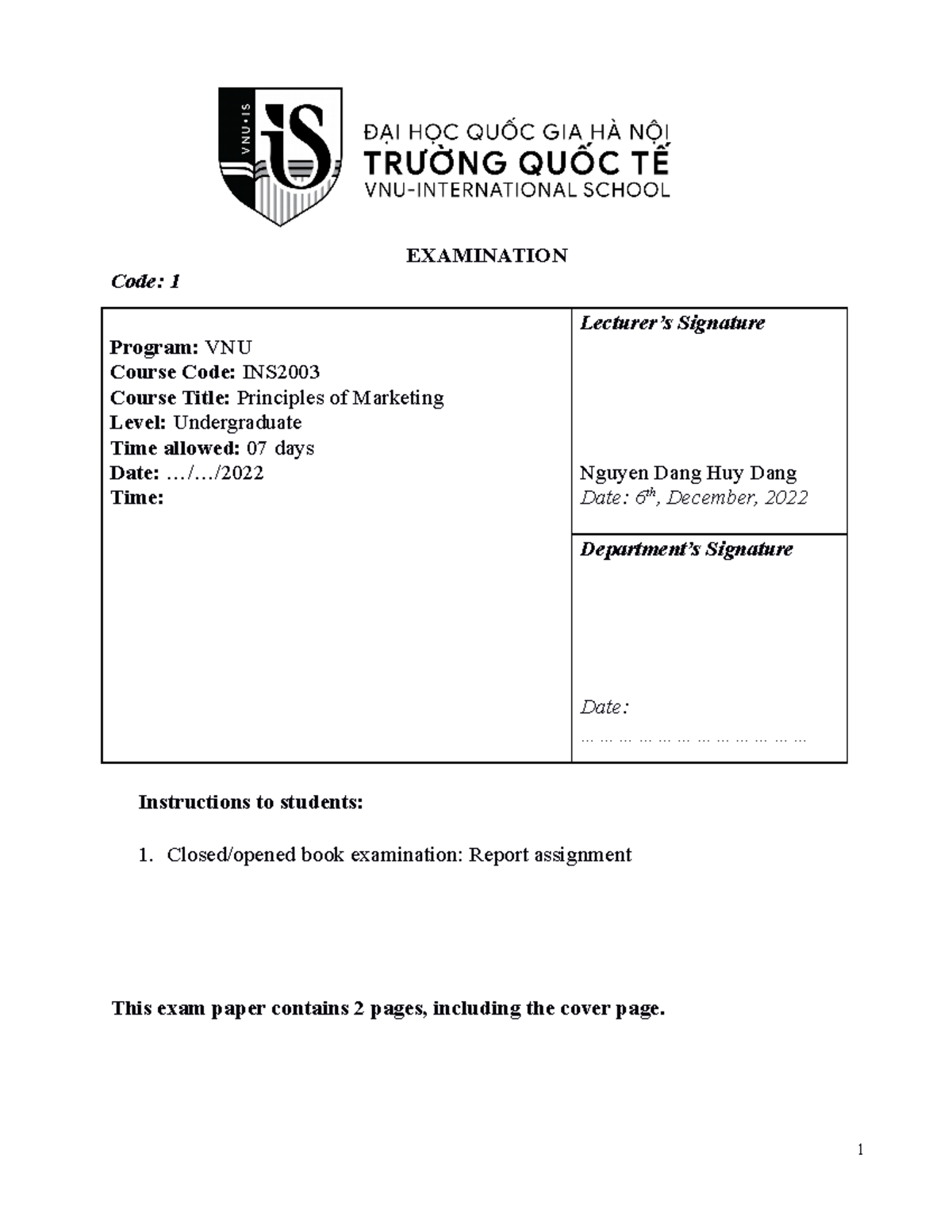 Exam Cover Page Principle Marketing Semester 1 2022-2023 - EXAMINATION ...