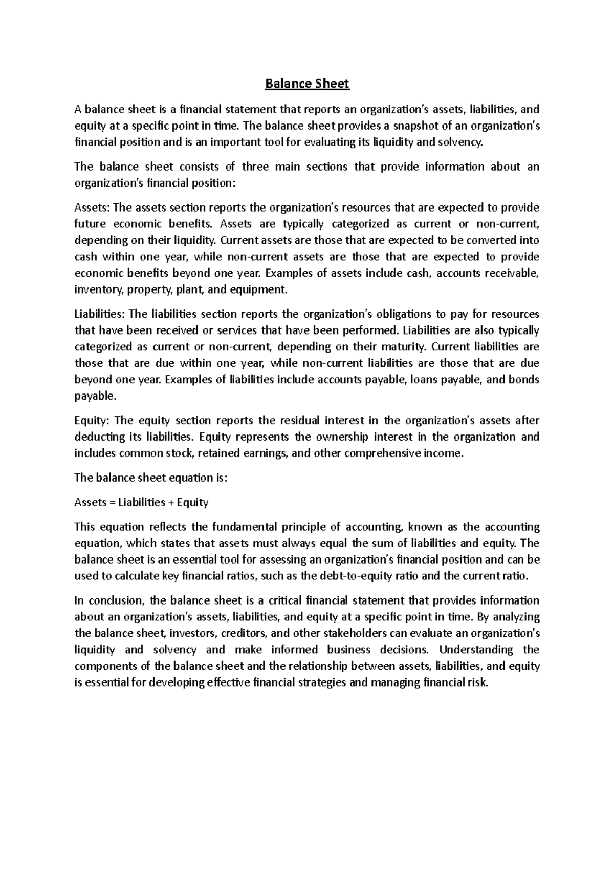 Balance Sheet - The balance sheet provides a snapshot of an ...