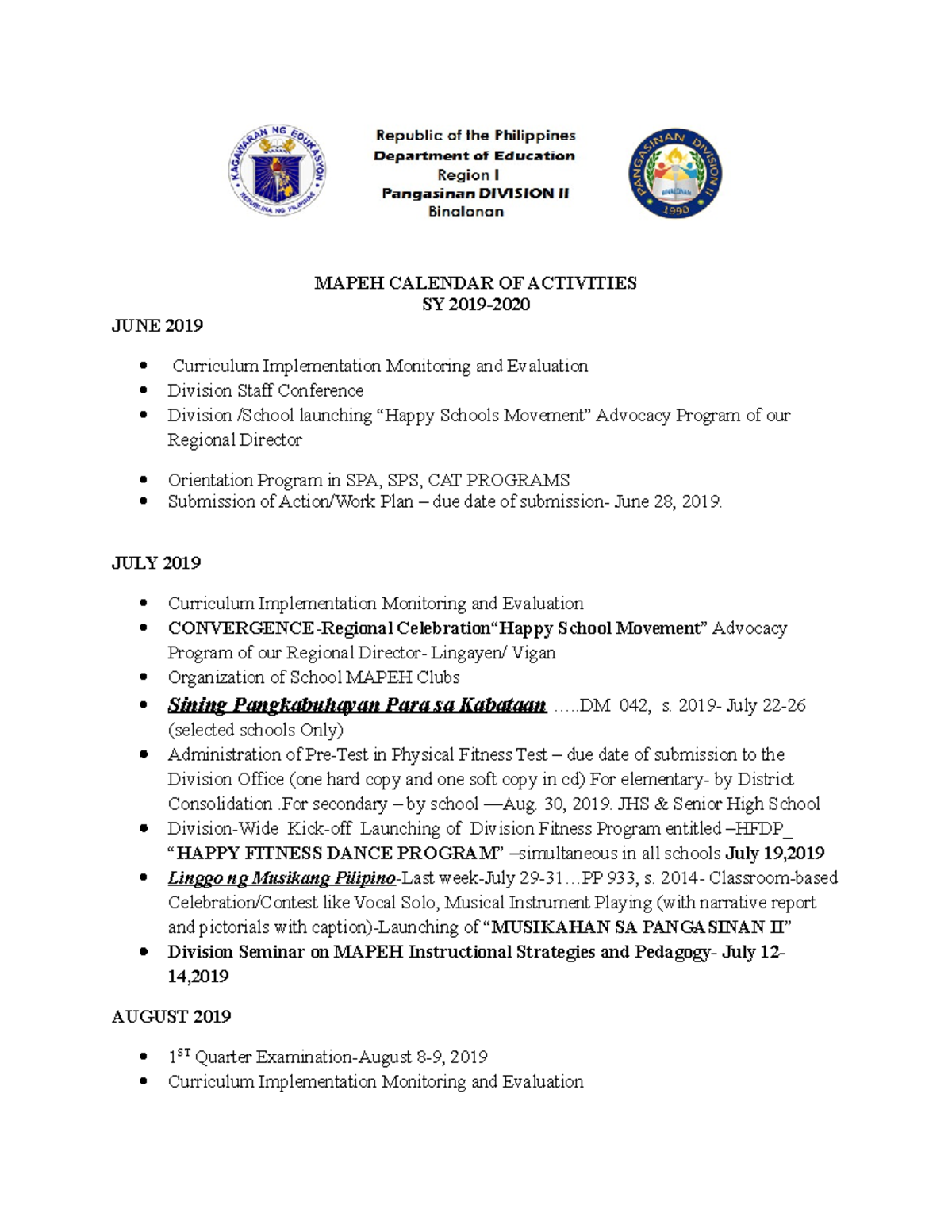 417418037 Mapeh Calendar of Activities 2019 - MAPEH CALENDAR OF ...