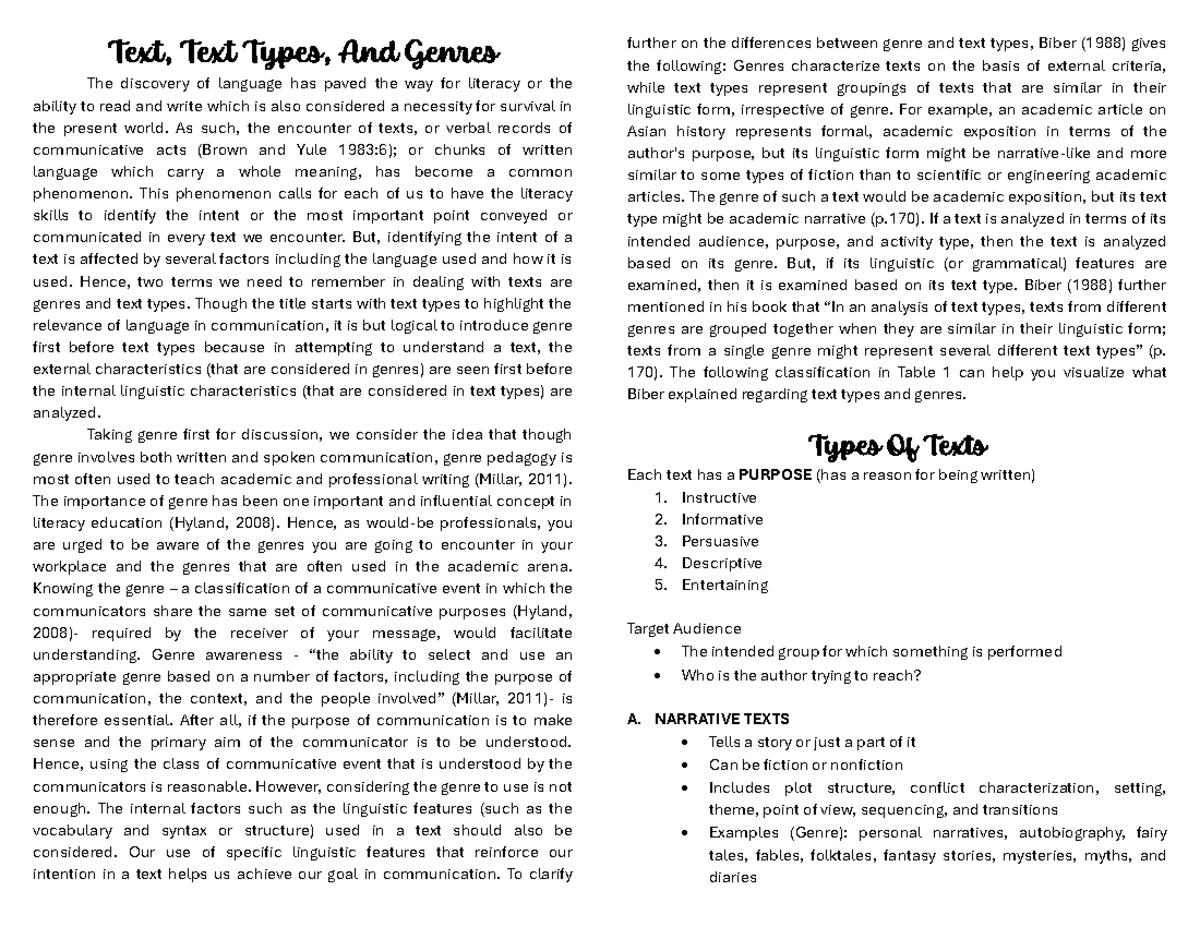 Text Types As Such The Encounter Of Texts Or Verbal Records Of Communicative Acts Brown And 