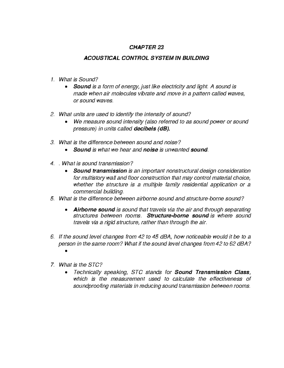 Study Questions - Questionaire - CHAPTER 23 ACOUSTICAL CONTROL SYSTEM ...