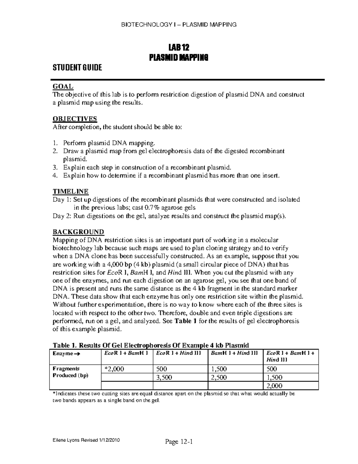 Lab 12 Plasmid Mapping - Ejercicios (en inglés) sobre mapas de ...