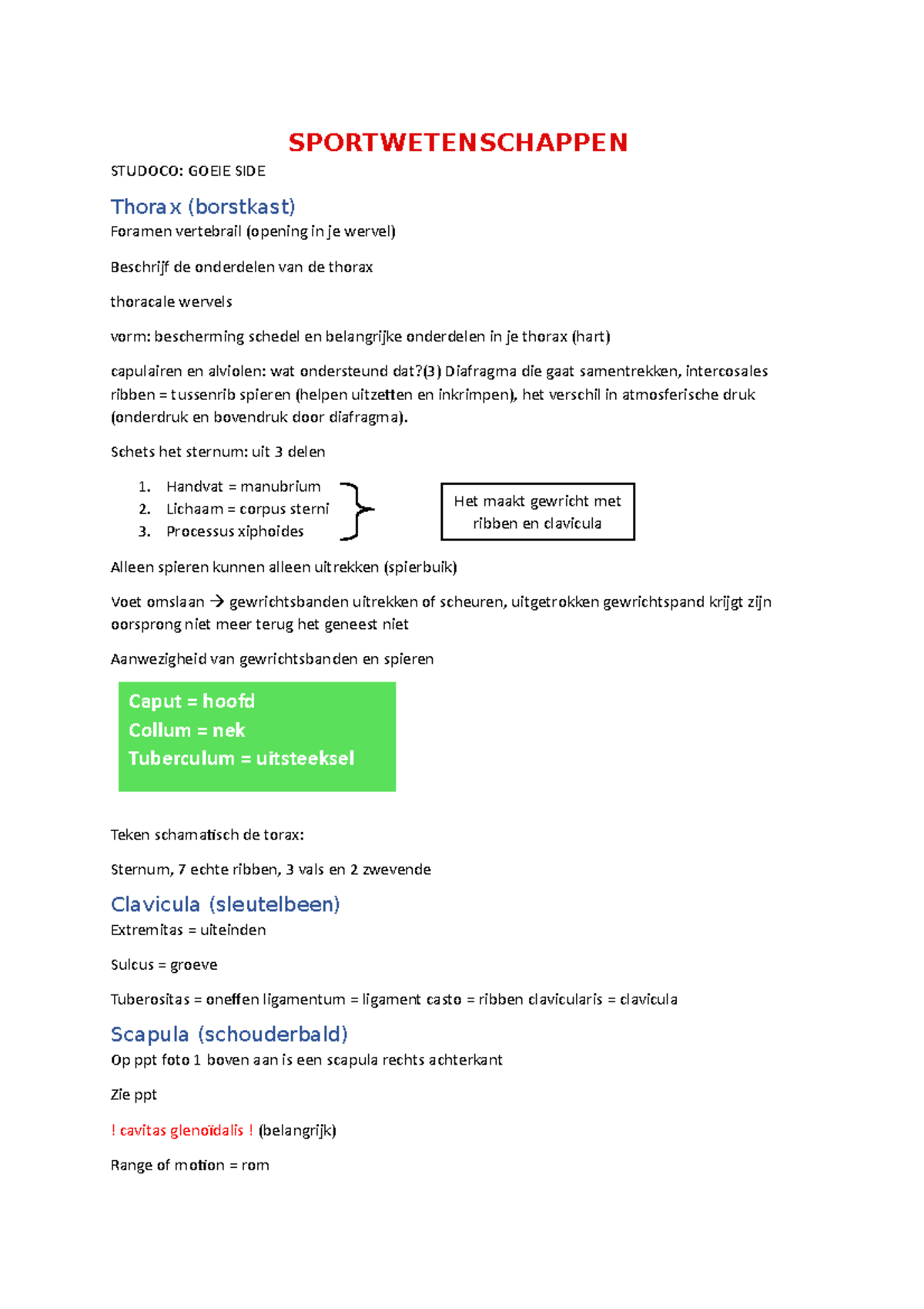 Samenvatting van in de les - SPORTWETENSCHAPPEN STUDOCO: GOEIE SIDE ...